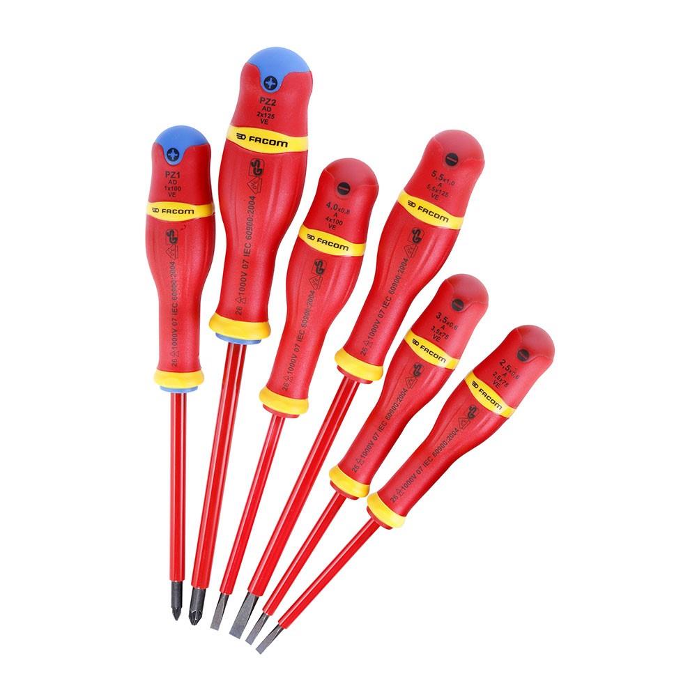 Facom ADVE.J6PB 6 Piece Mixed Slotted Pozidrive Insulated Screwdriver ...